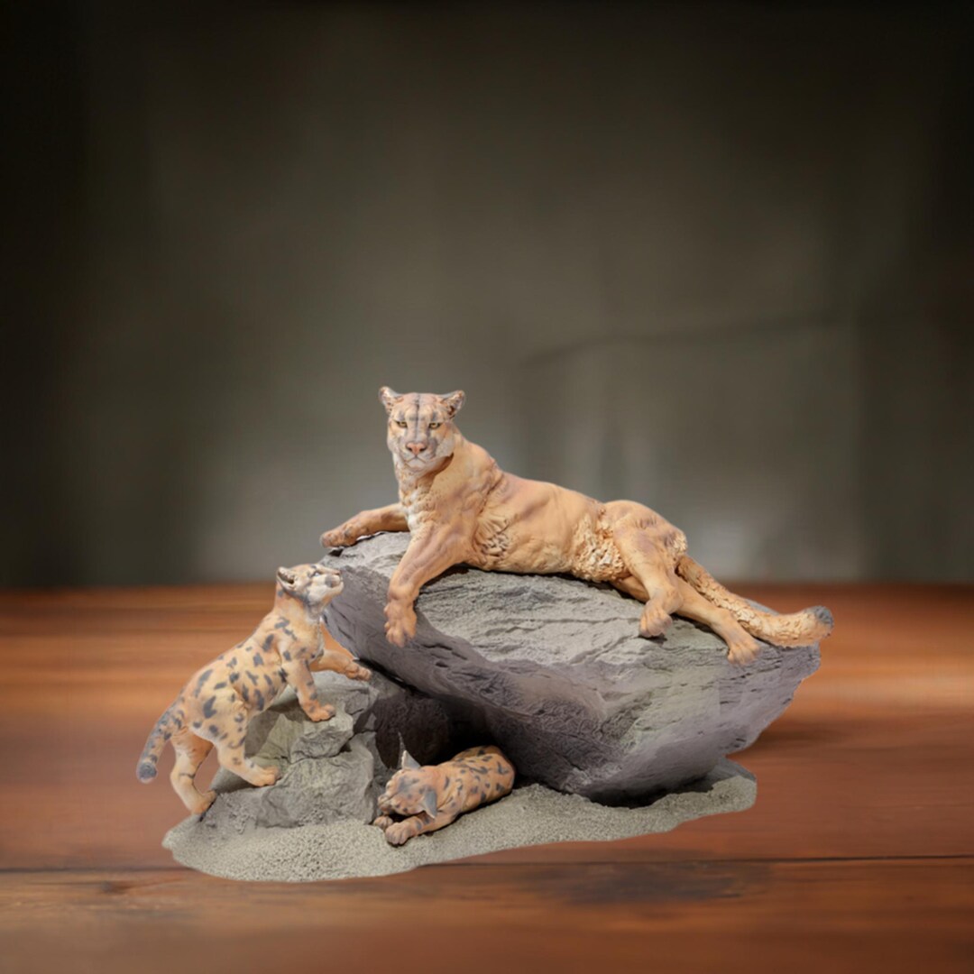 Realistic Puma and Cubs on Rock Figurine, 3D Resin 1/24 Scale, Ready to ...