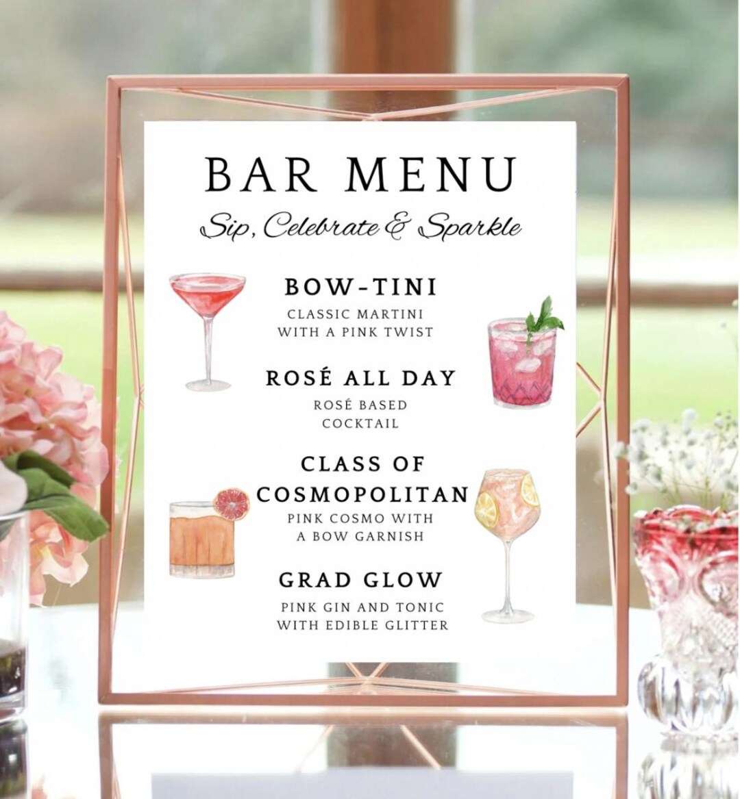Pink Graduation Party Drink Menu Template | Sip, Celebrate & Sparkle ...