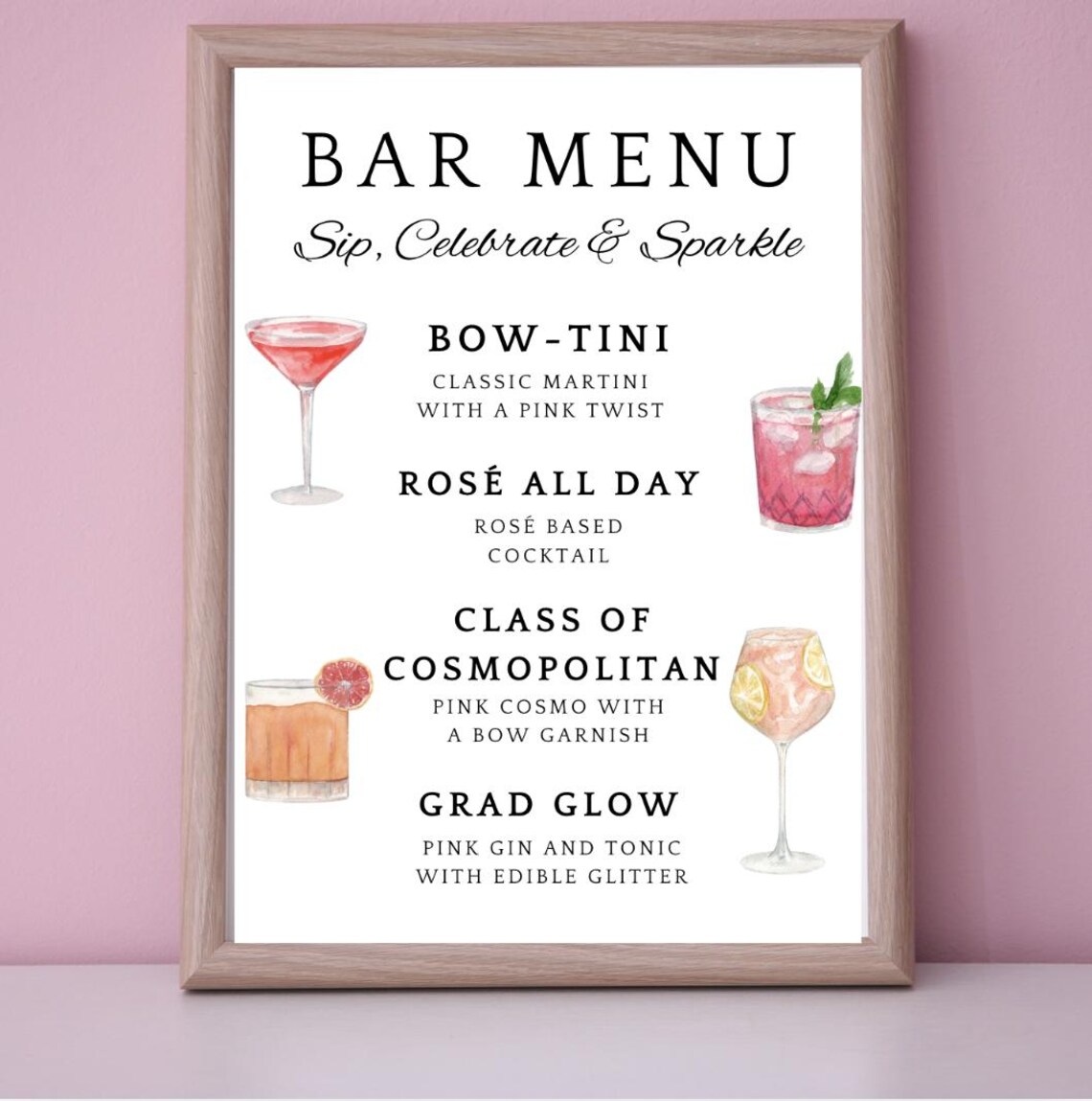 Pink Graduation Party Drink Menu Template | Sip, Celebrate & Sparkle ...