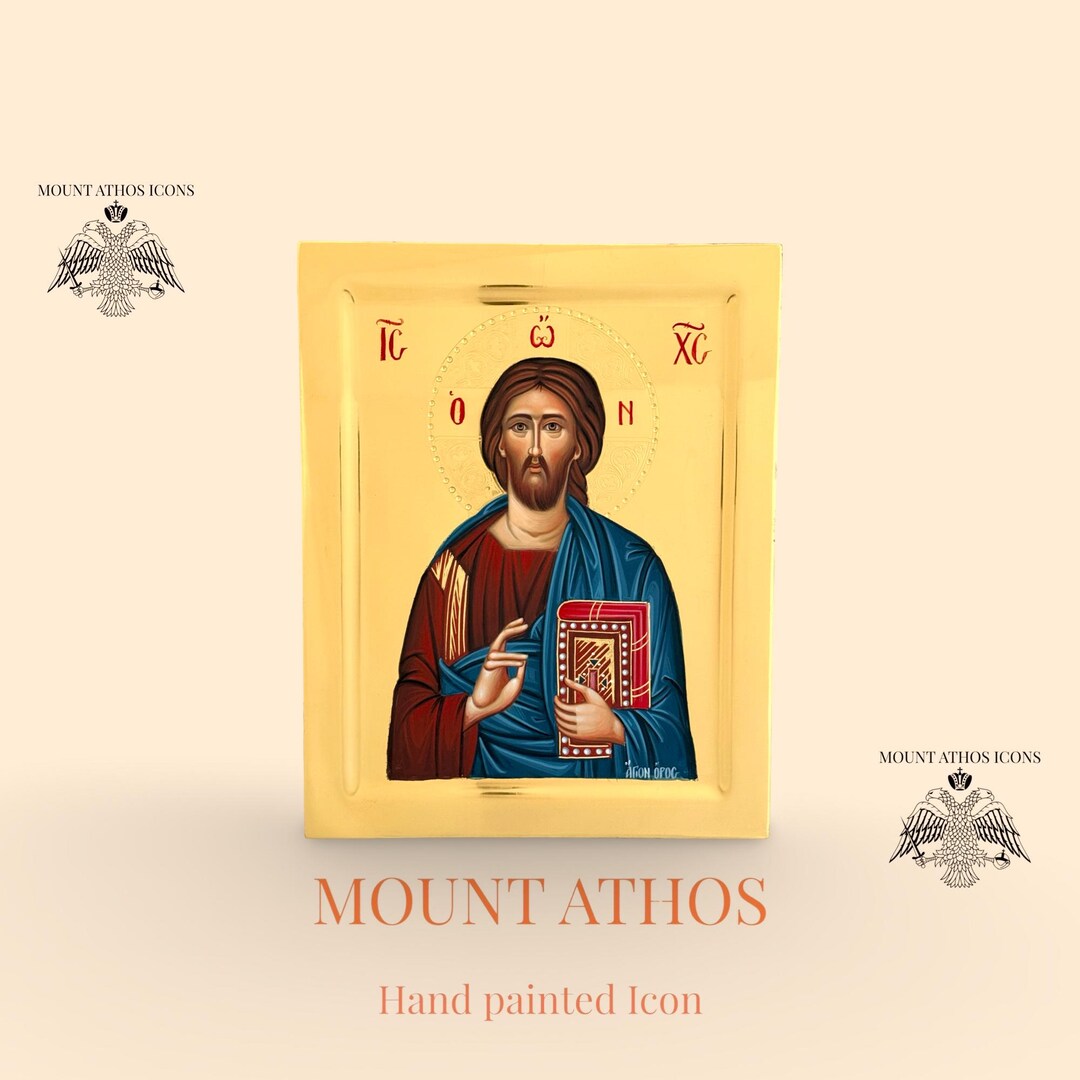 Hand-painted Christ Pantocrator Icon: 24K Gold Byzantine Art, Mount ...