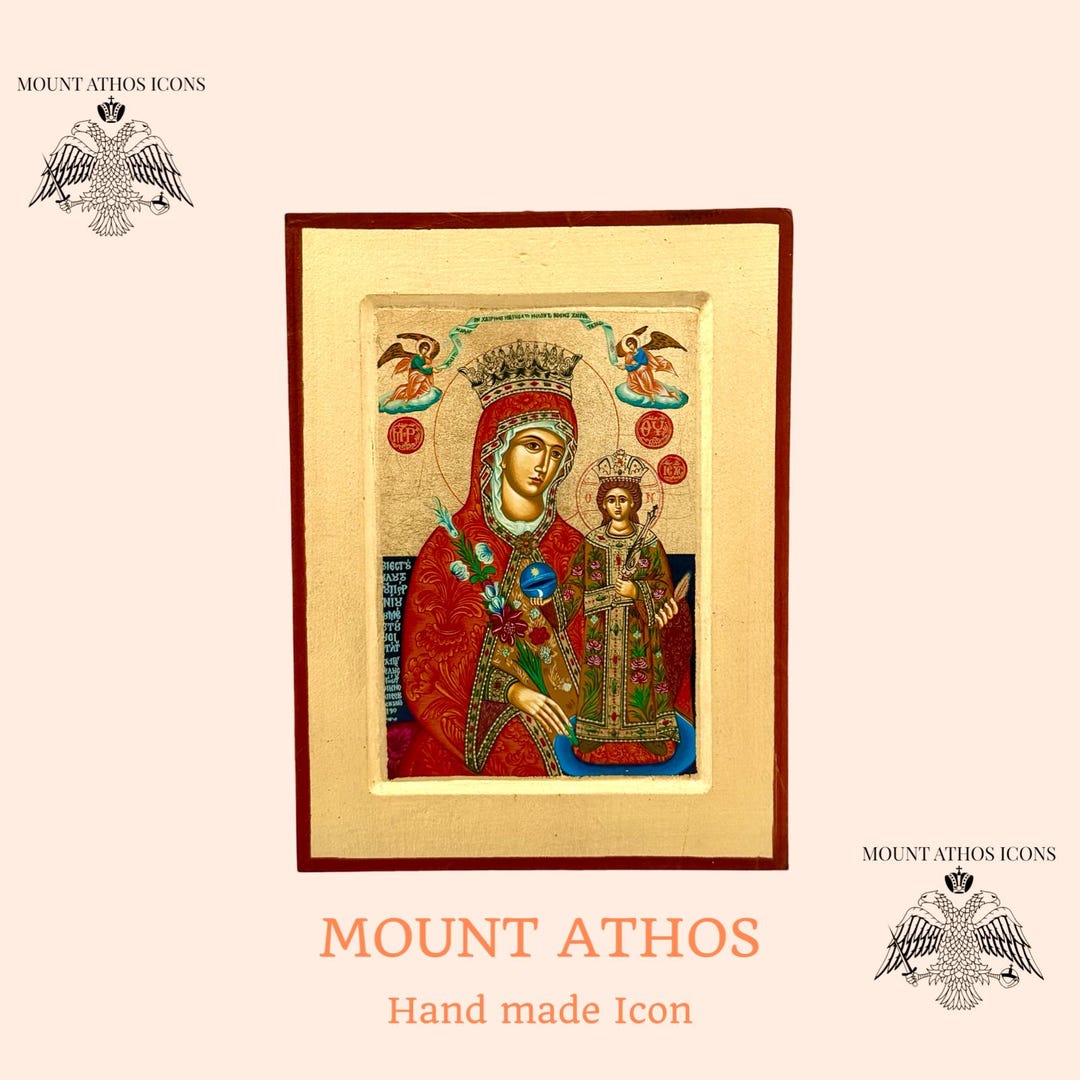 Handmade Theotokos of the Unfading Rose Icon: Byzantine Art, 24K Gold ...