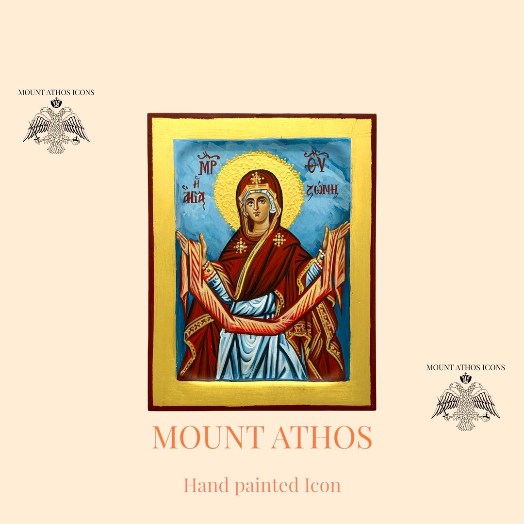 Hand-painted Theotokos Icon: Byzantine Virgin Mary Holy Belt, 22K Gold ...