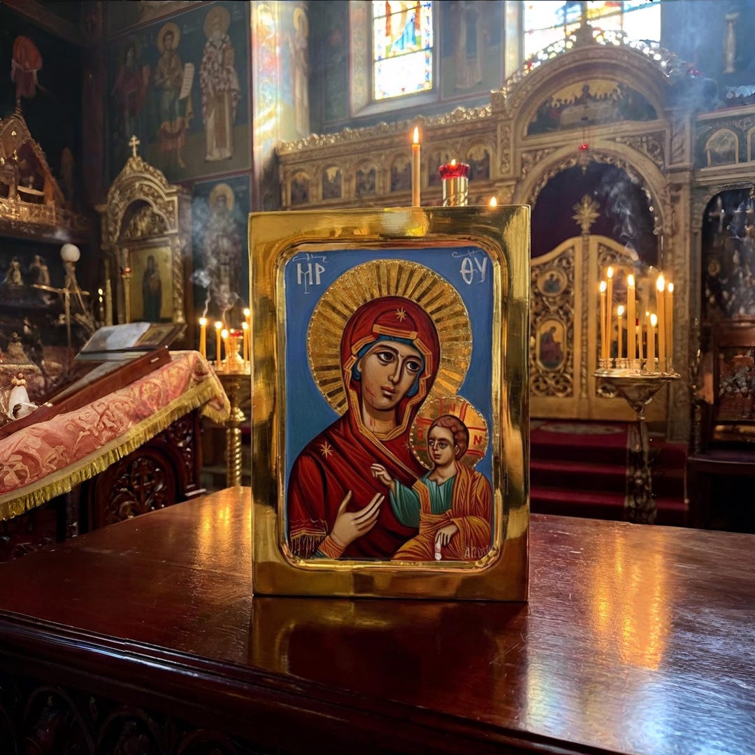 Orthodox Icon of Panagia Portaitissa Handmade Byzantine Icon With 24K ...