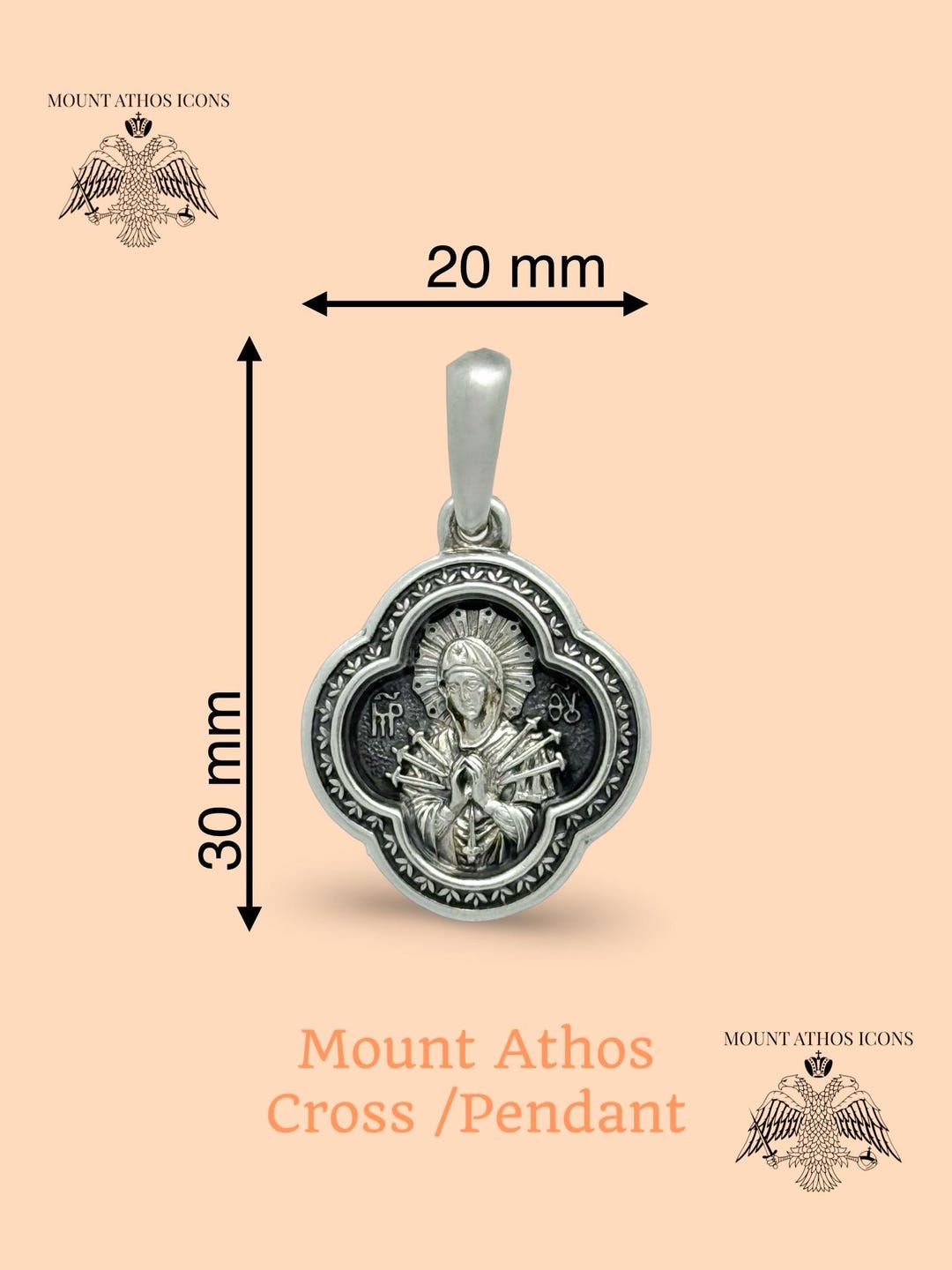 Unique Theotokos With the Seven Swords Orthodox Pendant - Sterling ...