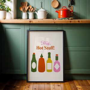Hey Hot Stuff Kitchen Wall Art – Colorful Hot Sauce Bottle Print ...