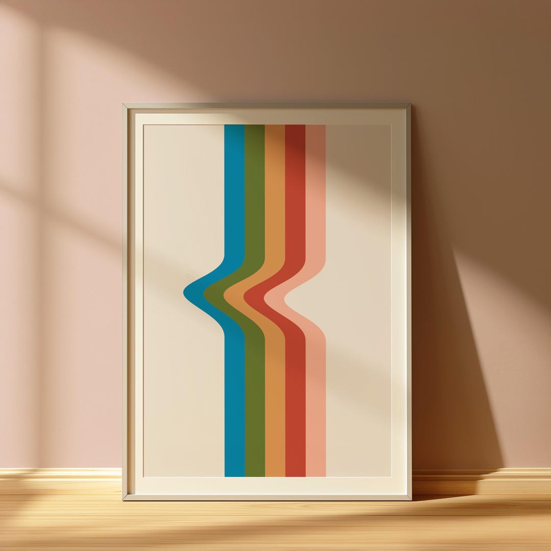 Retro Wave Line Art Print – Mid Century Modern Wall Art, Colorful ...