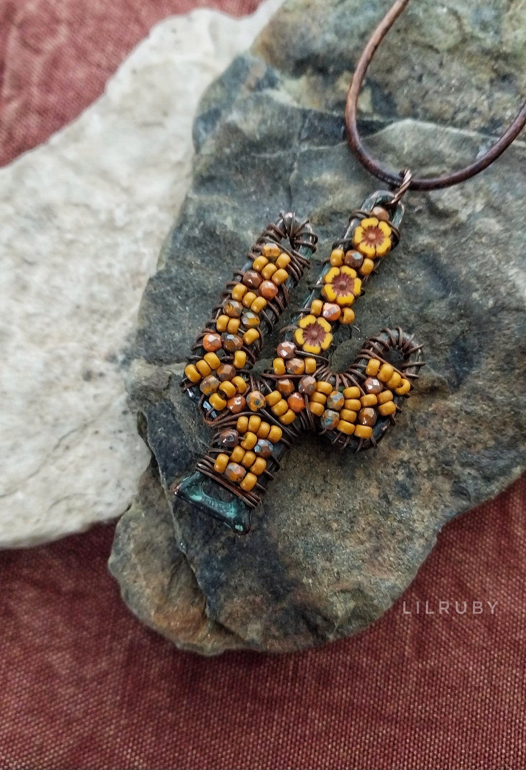 Rustic Beaded Cactus Pendant, Beaded Artisan Jewelry, Desert Inspired ...