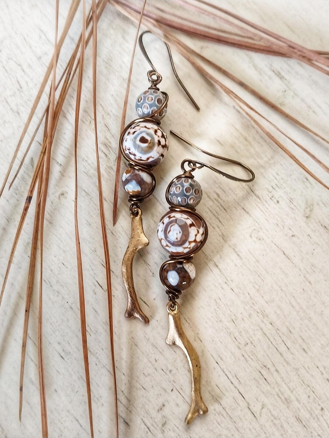 Beaded Earrings, Neutral Colors, Deer Antler Charm - Etsy