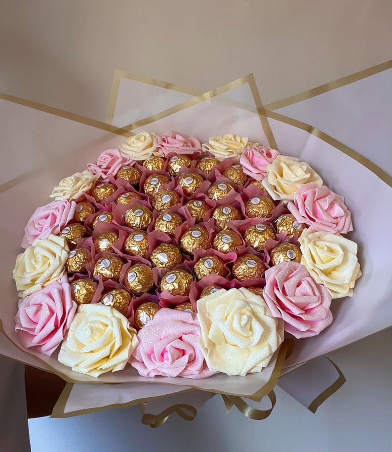 Pink and Cream Chocolate Glitter Rose Flower Ferrero Rocher Bouquet ...