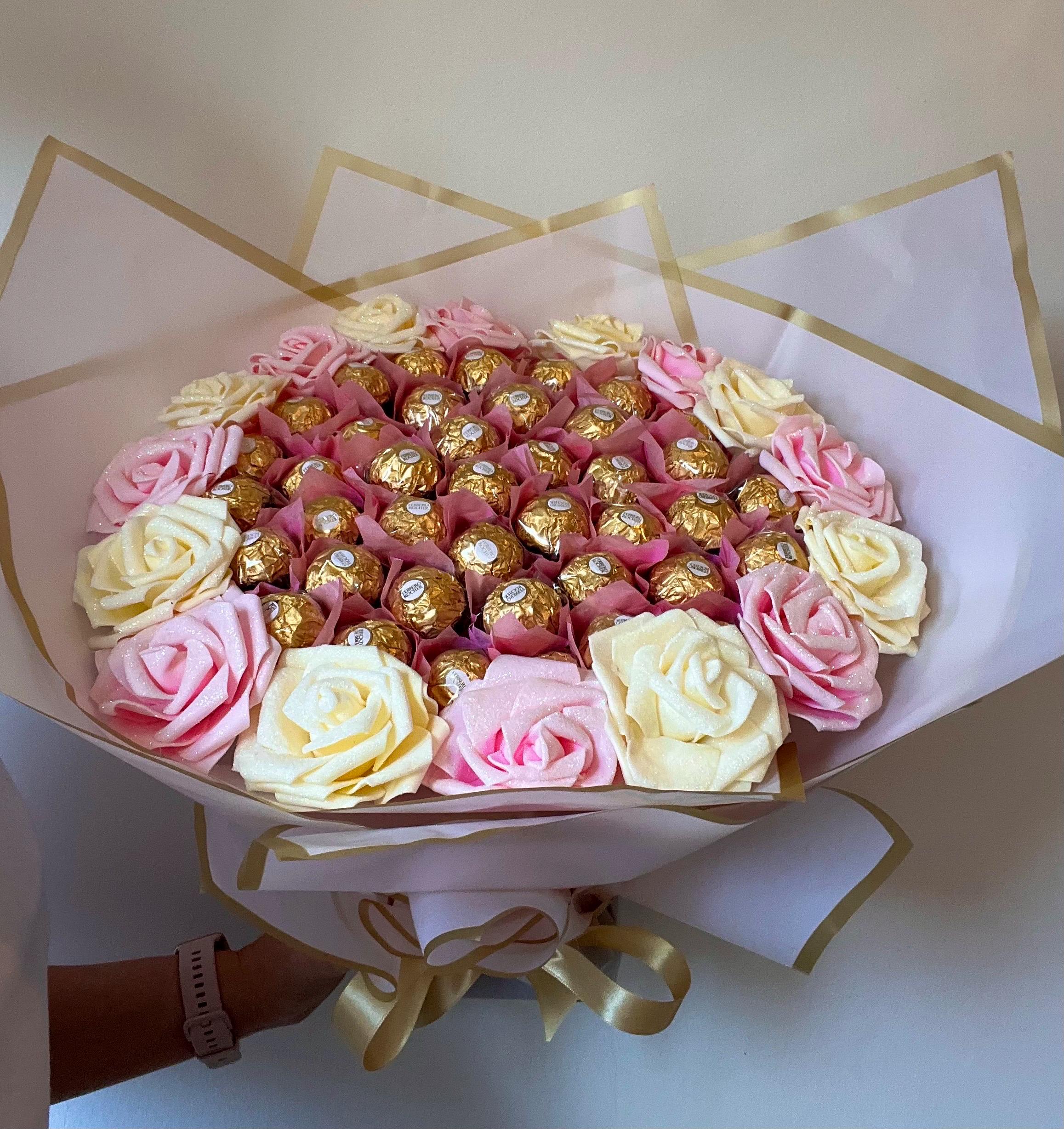Pink and Cream Chocolate Glitter Rose Flower Ferrero Rocher Bouquet ...