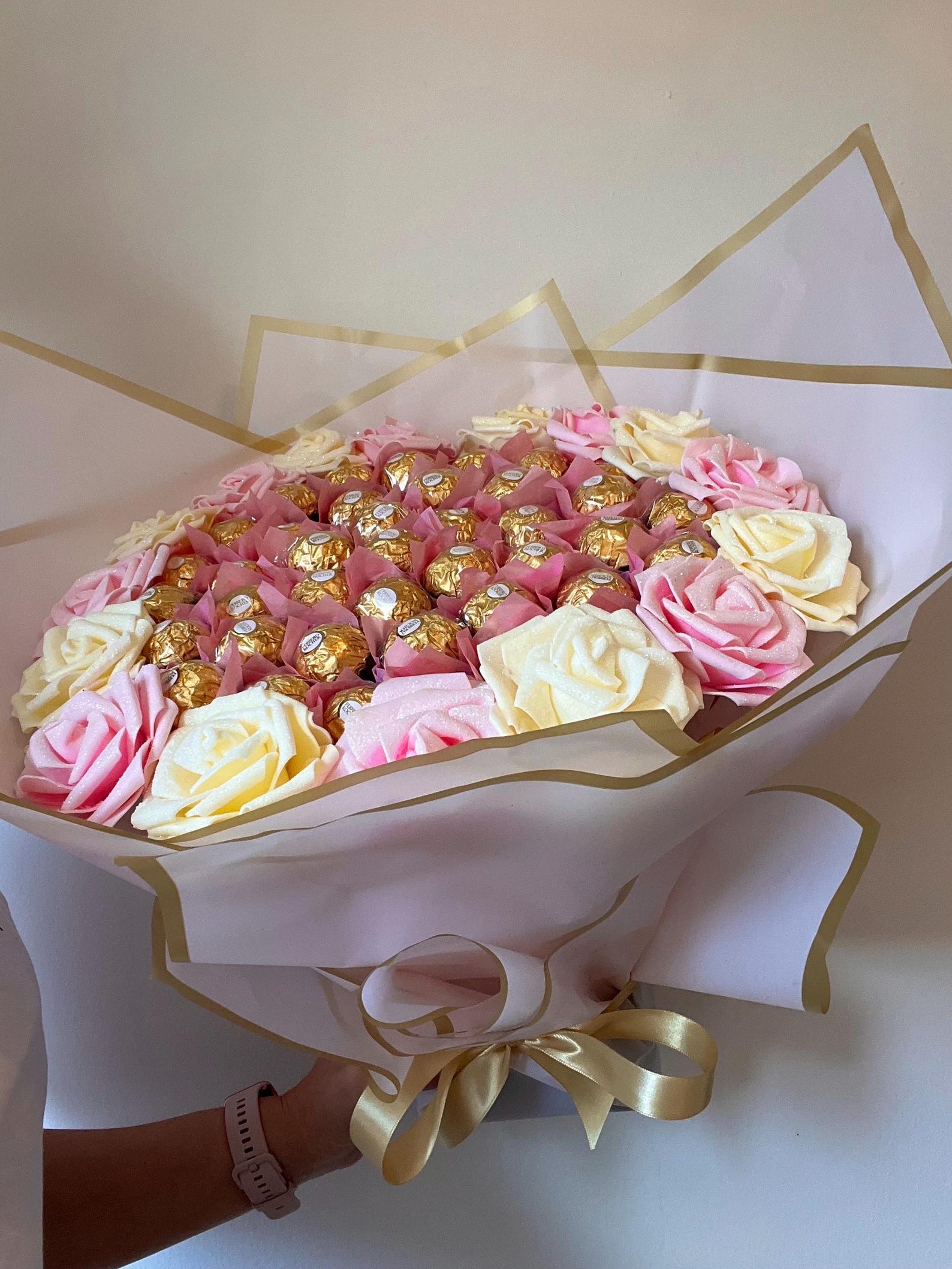 Pink and Cream Chocolate Glitter Rose Flower Ferrero Rocher Bouquet ...
