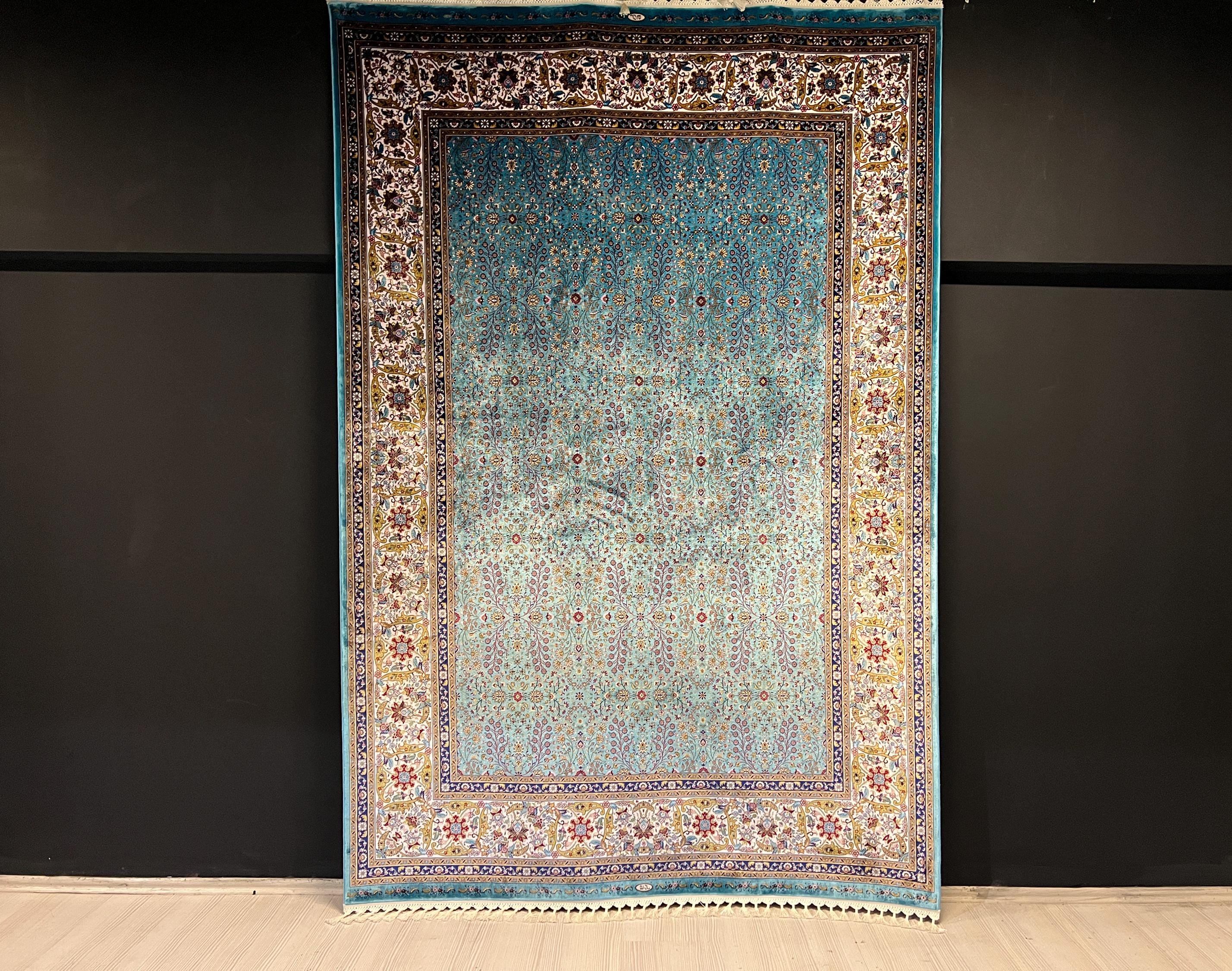 5X8 Ft Blue Silk Rug, Turkish Silk Rug, Rug for Living Room, High ...