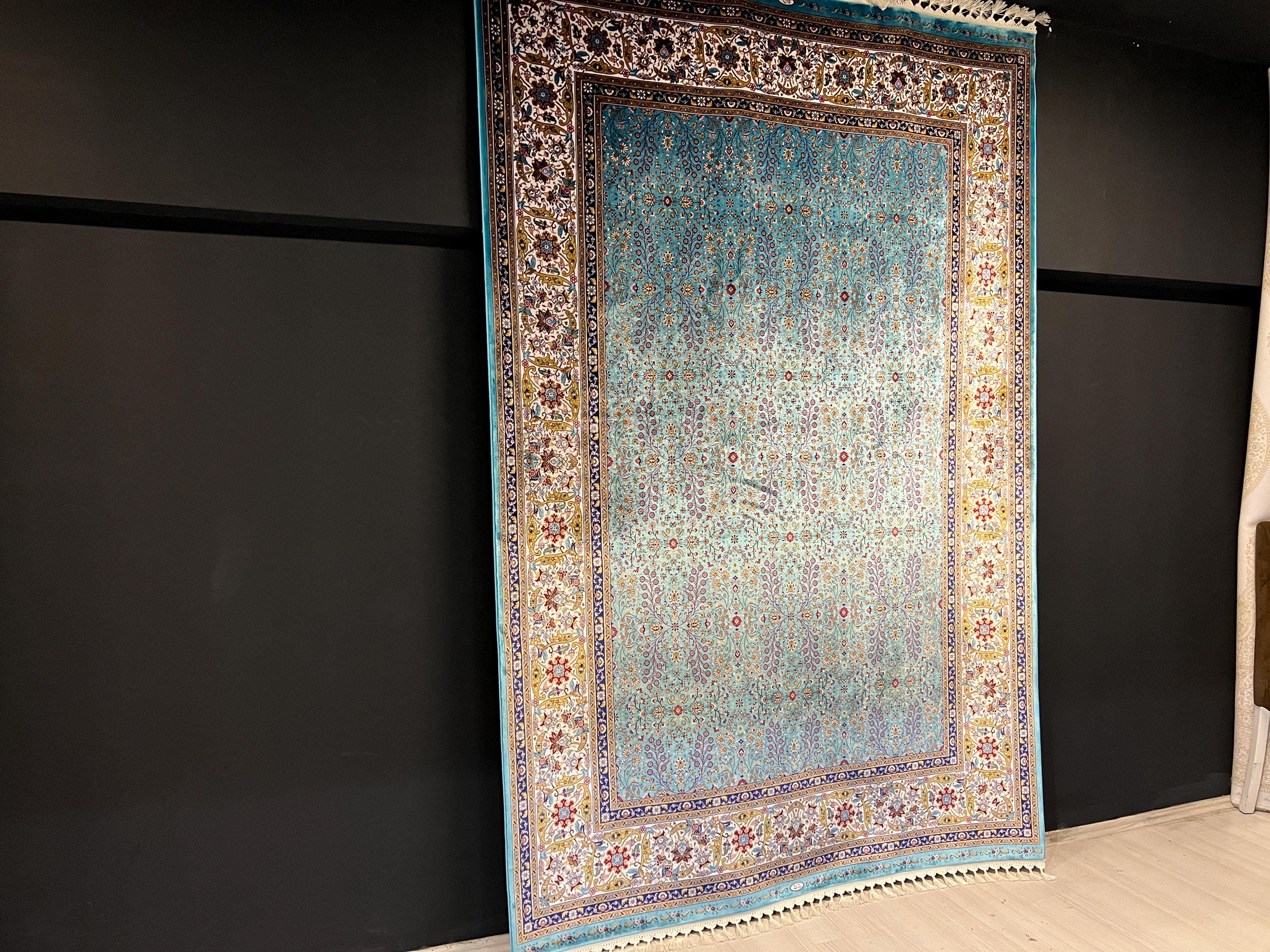 5X8 Ft Blue Silk Rug, Turkish Silk Rug, Rug for Living Room, High ...