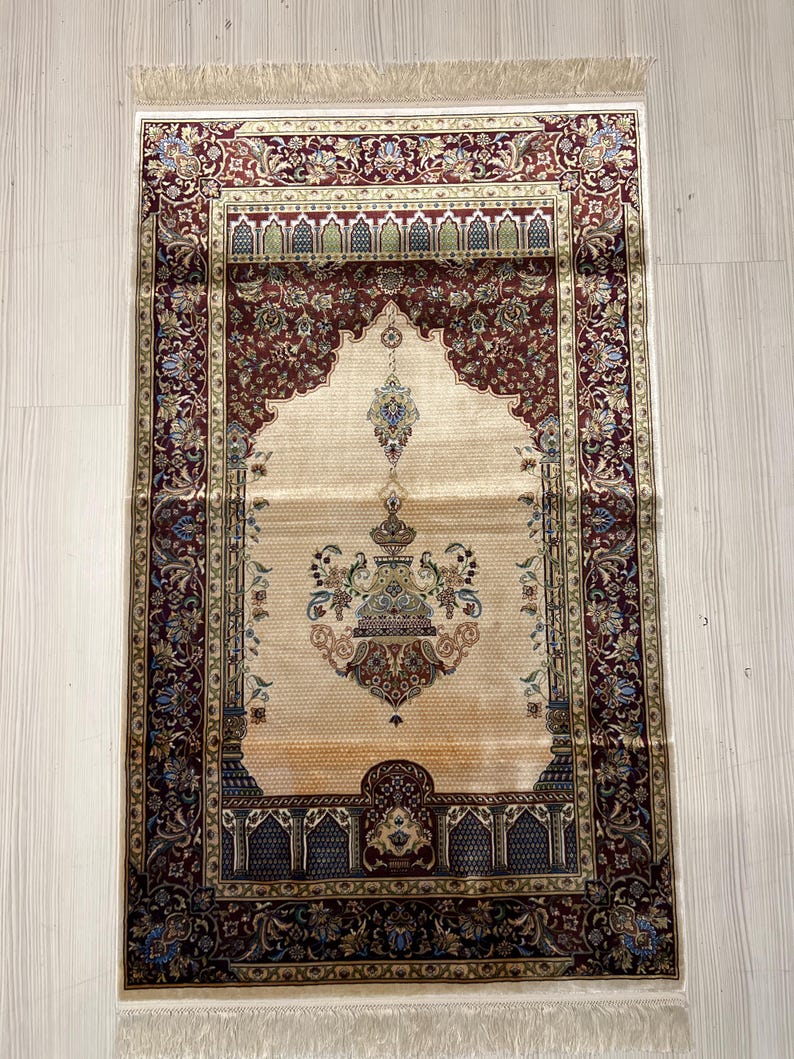 Beige Brown Islamic Bamboo Silk Prayer Rug, Elegant Muslim Gift ...