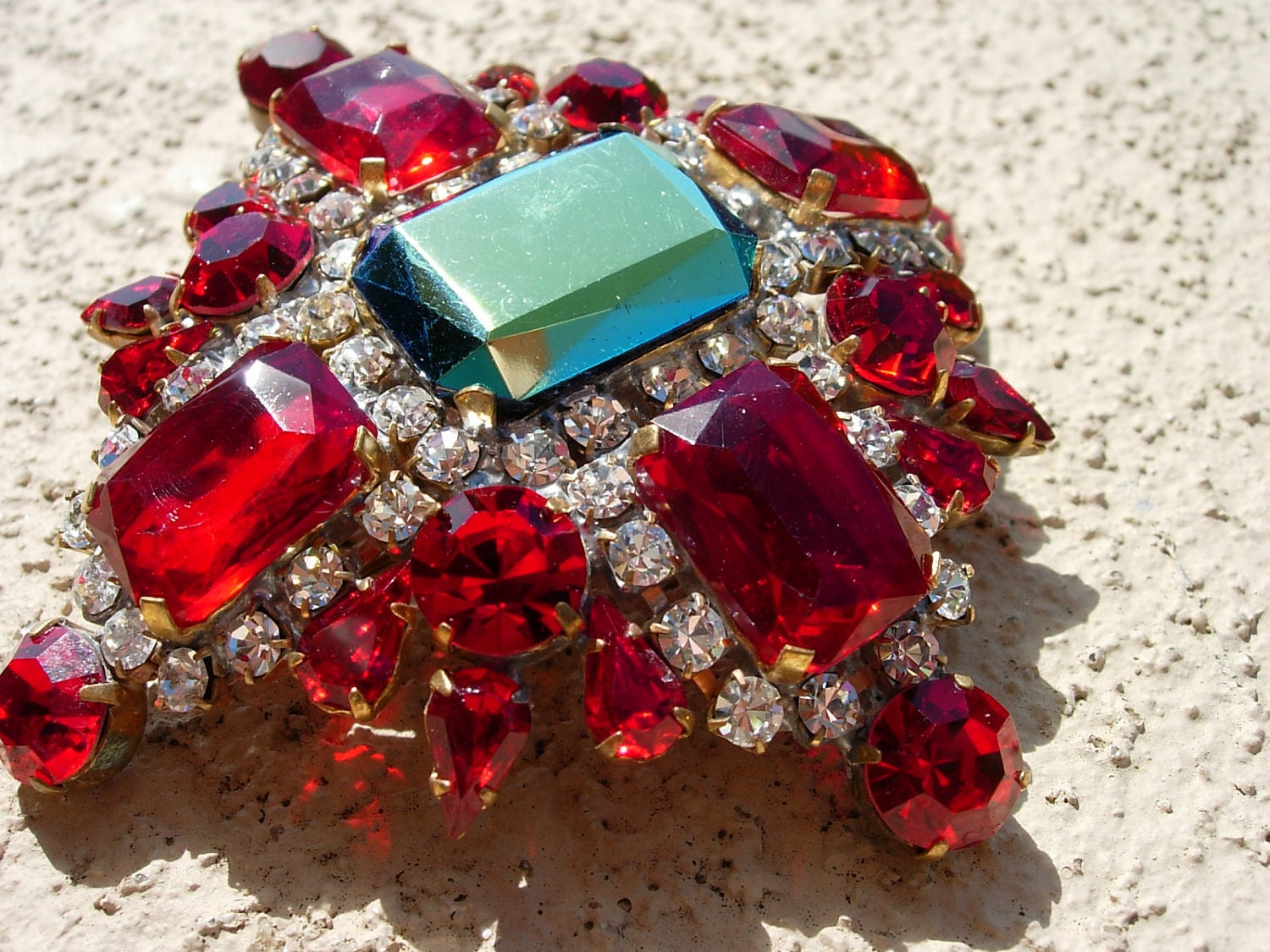 Vintage Pin or Antique Brooch, Ruby Red and Teal AB Crystal - Etsy