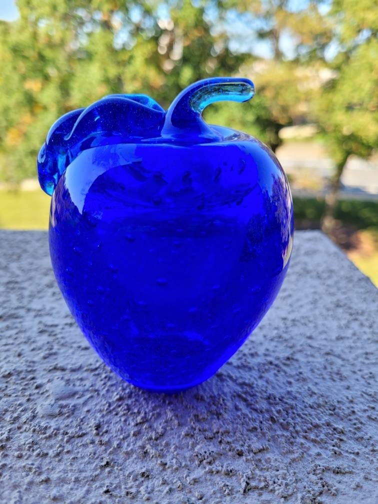 Cobalt Blue Art Glass Apple Paperweight, Signed, Maxwell Crystal ...