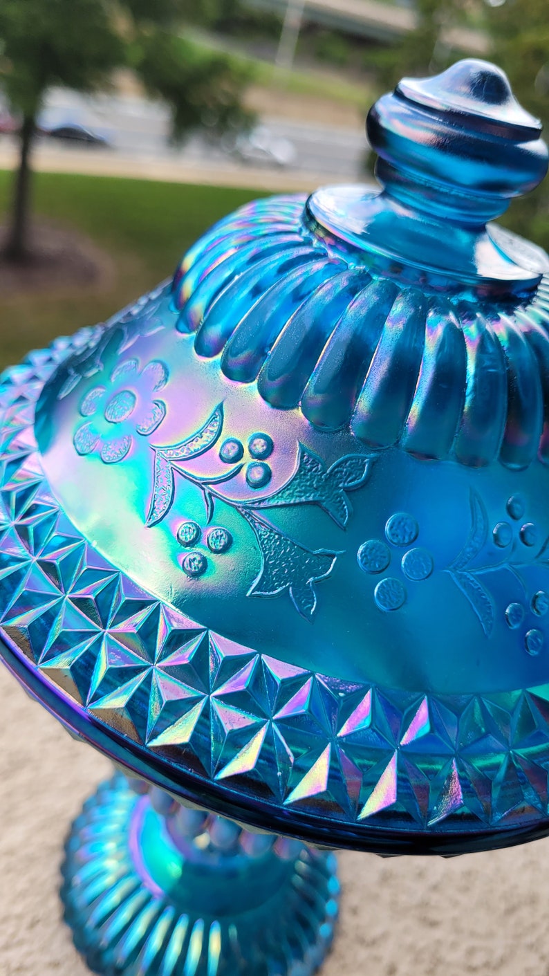 Iridescent Turquoise Fenton Carnival Embossed Candy Dish With Lid - Etsy