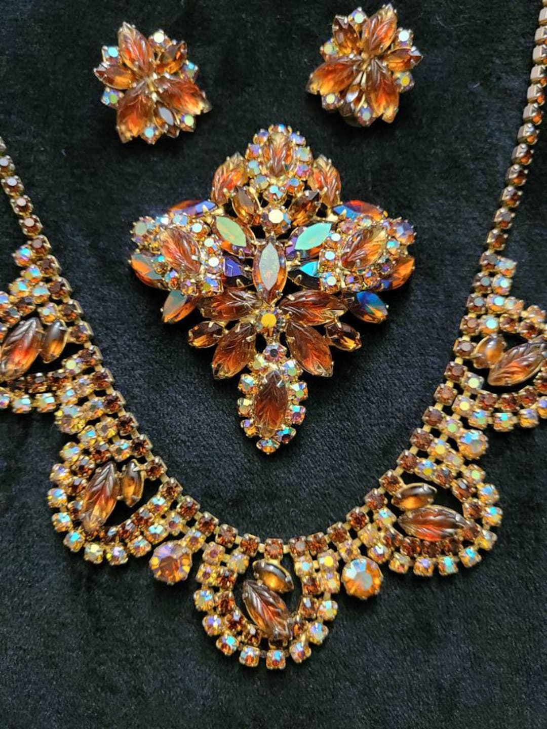 Vintage Parure, Topaz Colored Aurora Borealis Crystal Rhinestone ...