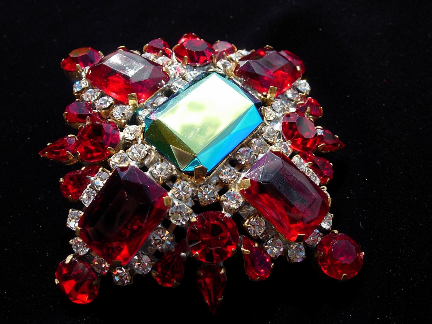 Vintage Pin or Antique Brooch, Ruby Red and Teal AB Crystal - Etsy
