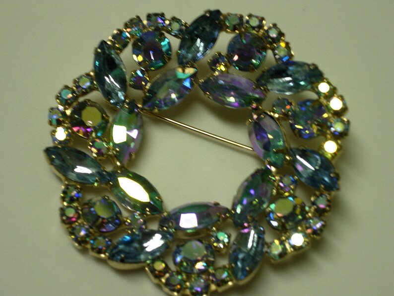Vintage Pin: Blue and Aurora Borealis Crystal Faceted Pin or Brooch - Etsy