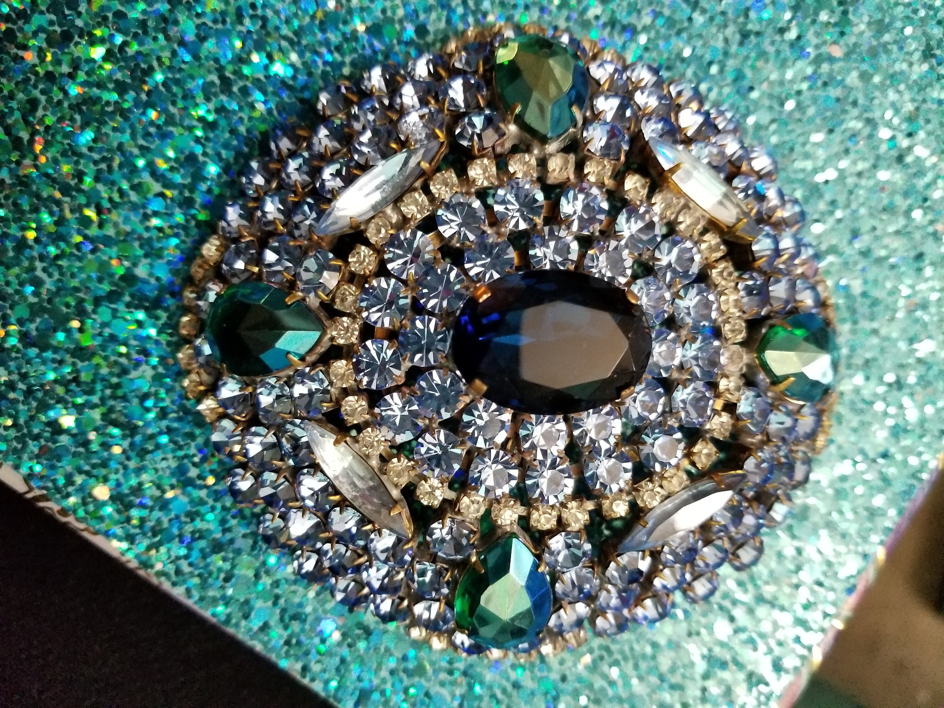 Vintage Pin or Brooch, in Teal and Blue Crystals, Signed - Etsy