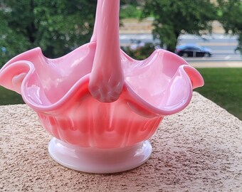 Fenton Rosalene Lambs Tongue Handled Basket Pink Slag Glass Signed ...