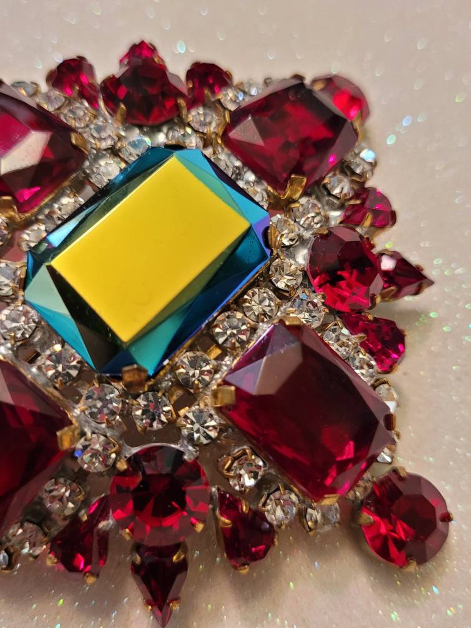 Vintage Pin or Antique Brooch Ruby Red and Teal AB Crystal - Etsy