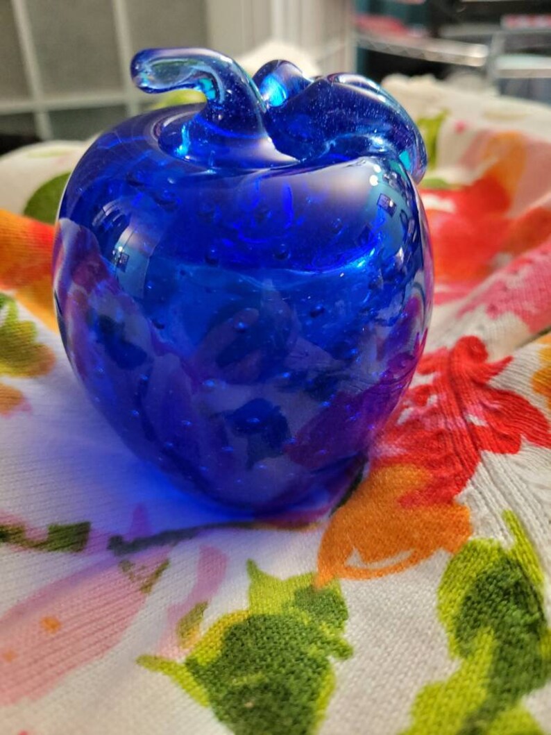 Cobalt Blue Art Glass Apple Paperweight, Signed, Maxwell Crystal ...