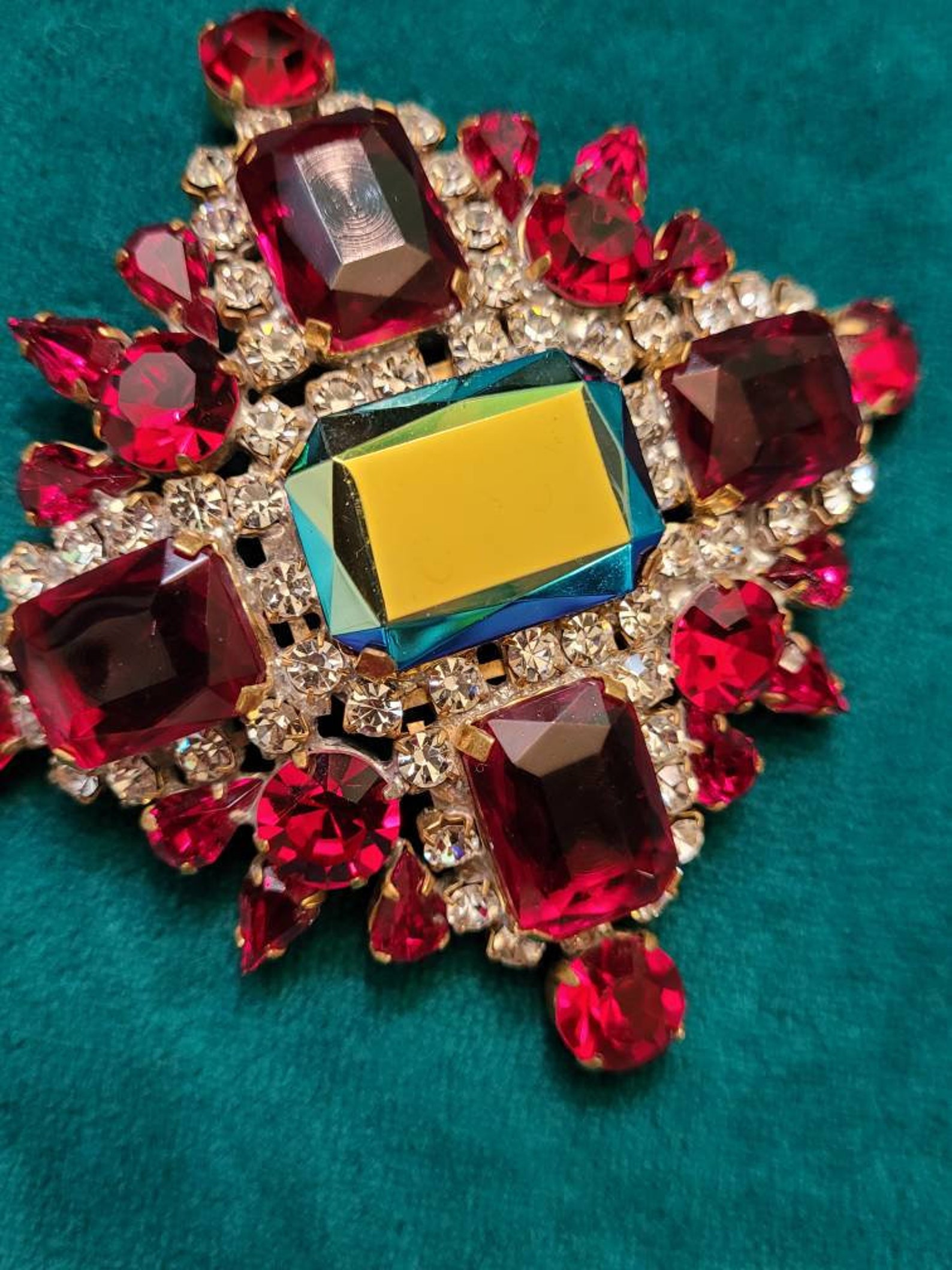 Vintage Pin or Antique Brooch Ruby Red and Teal AB Crystal - Etsy