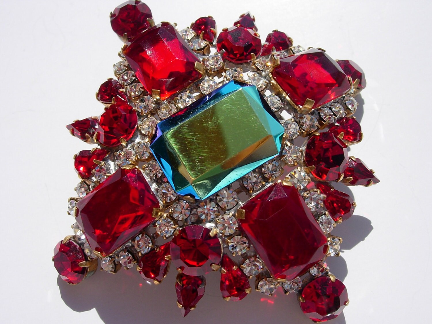 Vintage Pin or Antique Brooch, Ruby Red and Teal AB Crystal - Etsy
