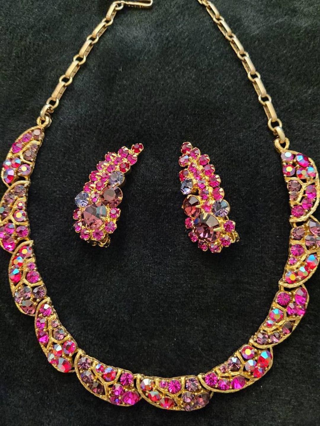 Vintage Lisner Demi Parure, Pink and Purple Aurora Borealis Crystal ...