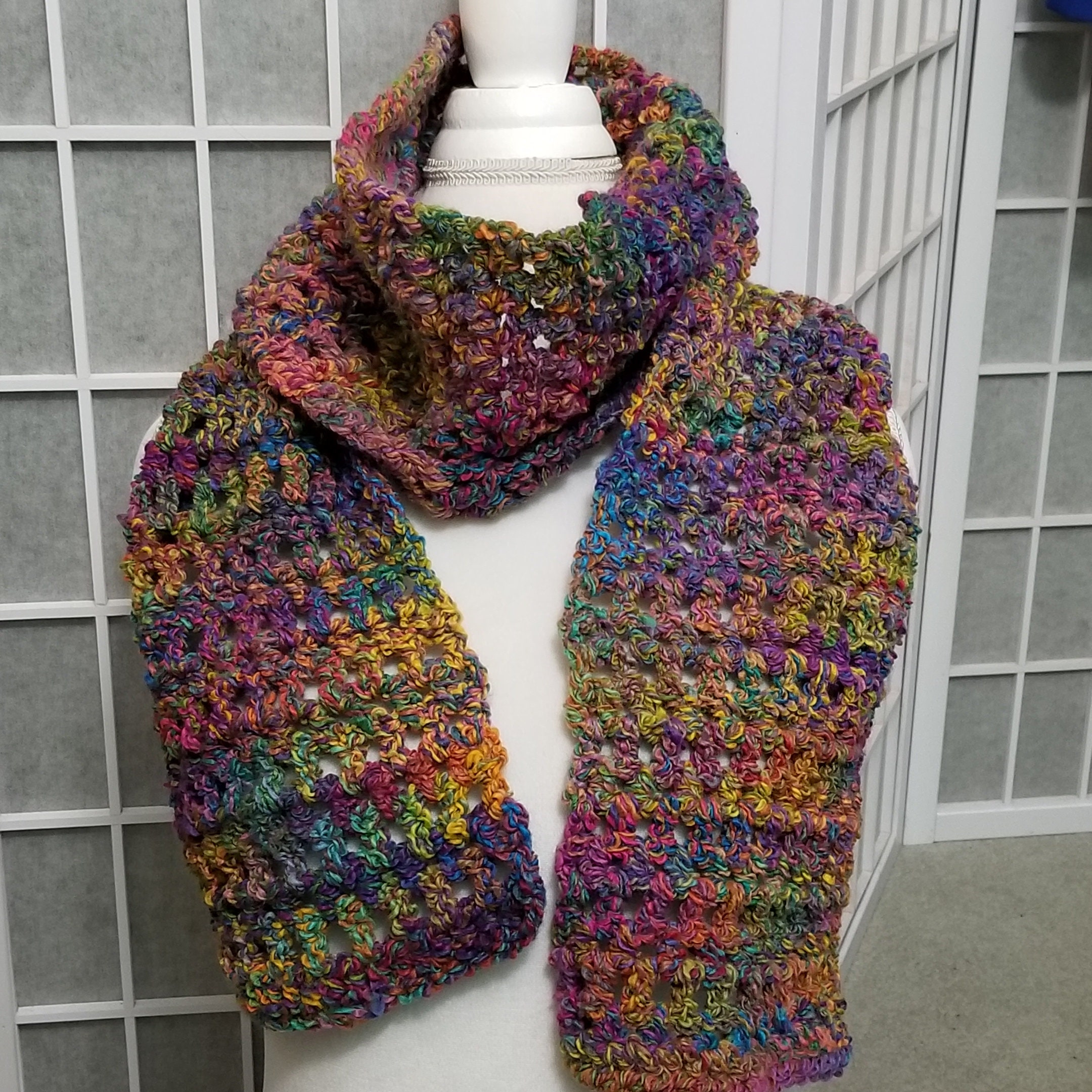 Hand-crocheted Scarf in Rainbow Boucle Yarn - Etsy