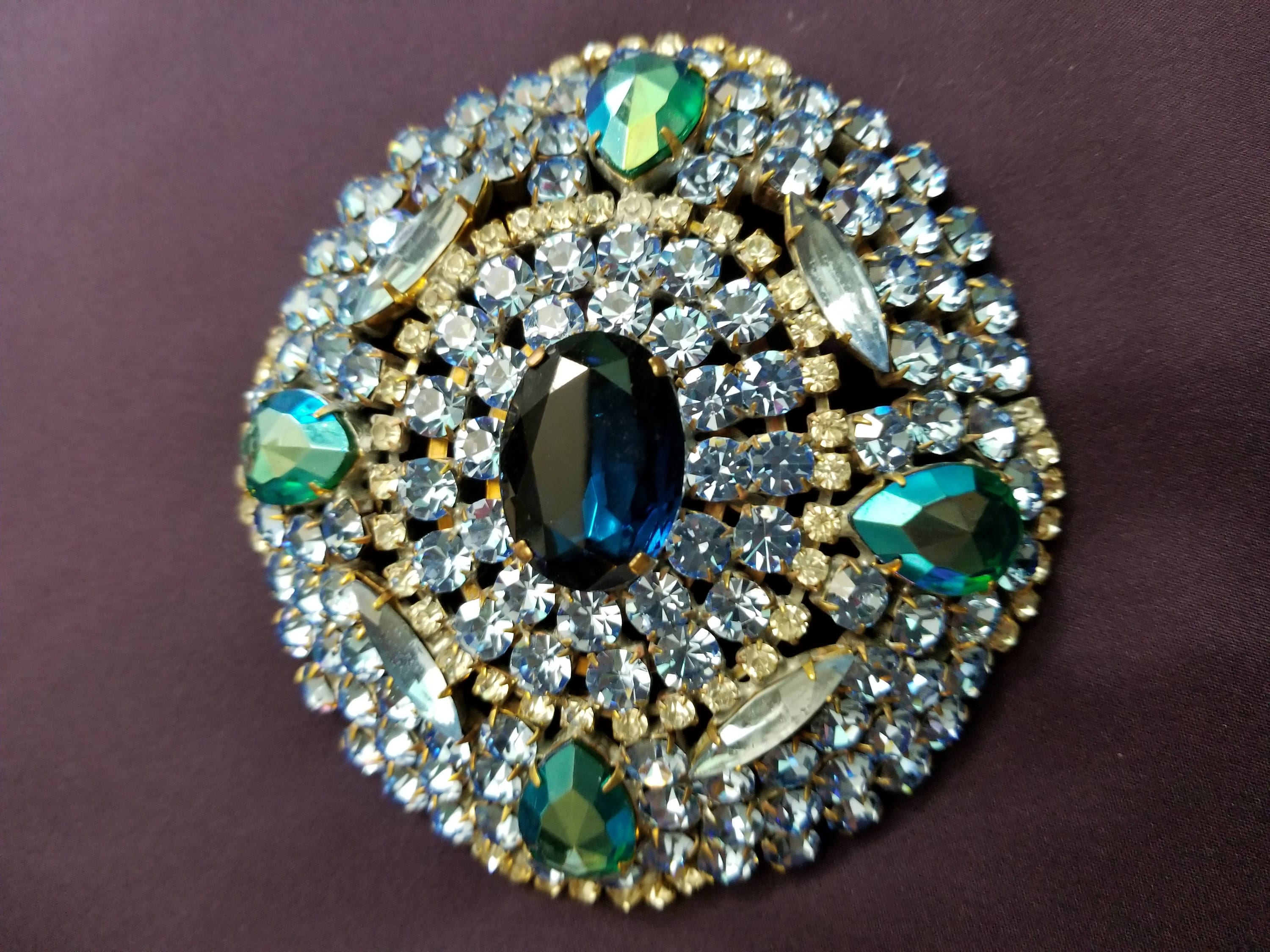 Vintage Pin or Brooch, in Teal and Blue Crystals, Signed - Etsy