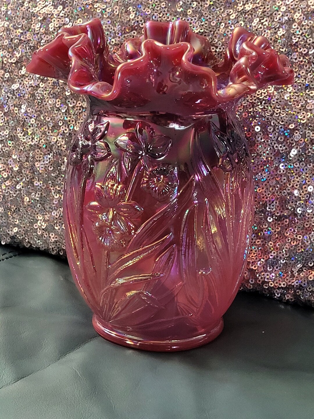 Iridescent Plum Signed Fenton Carnival Vase With Floral Embossing - Etsy