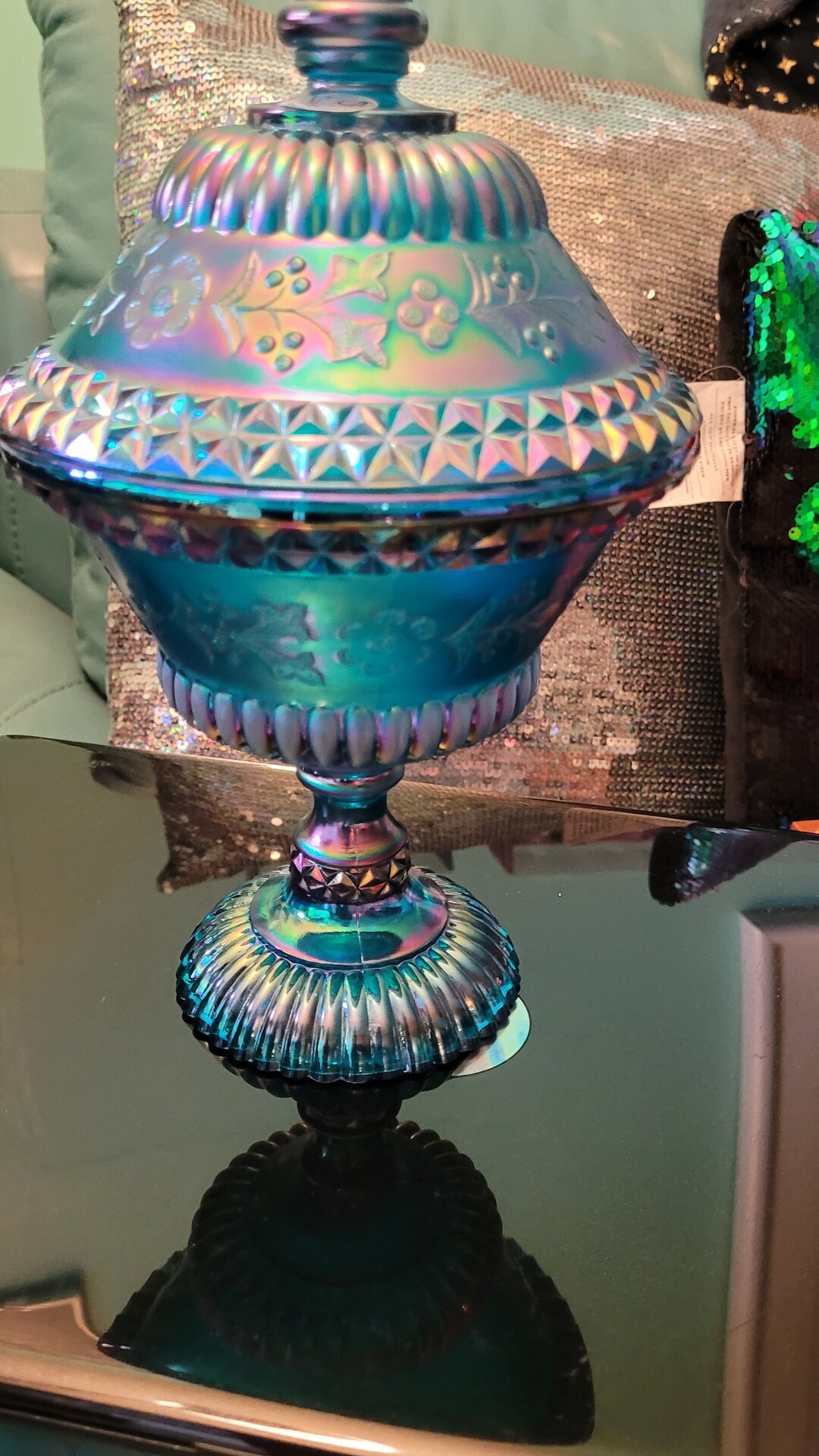 Iridescent Turquoise Fenton Carnival Embossed Candy Dish With Lid - Etsy