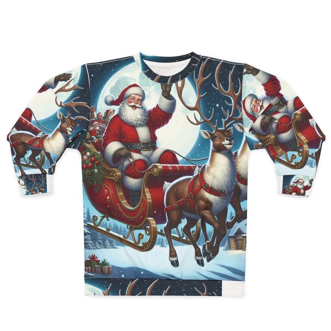 Santa Claus Sleigh Colorful Christmas Unisex Sweatshirt Holiday Jumper ...