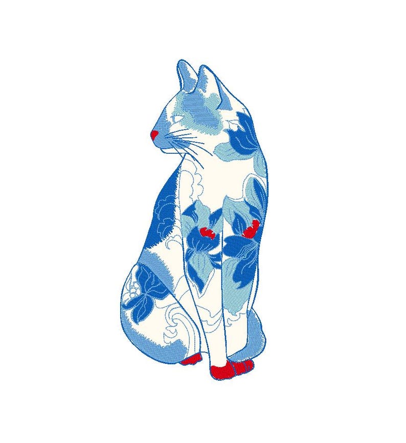 Japanese Cat Embroidery Design,chinoiserie Embroidery Design, Plant ...
