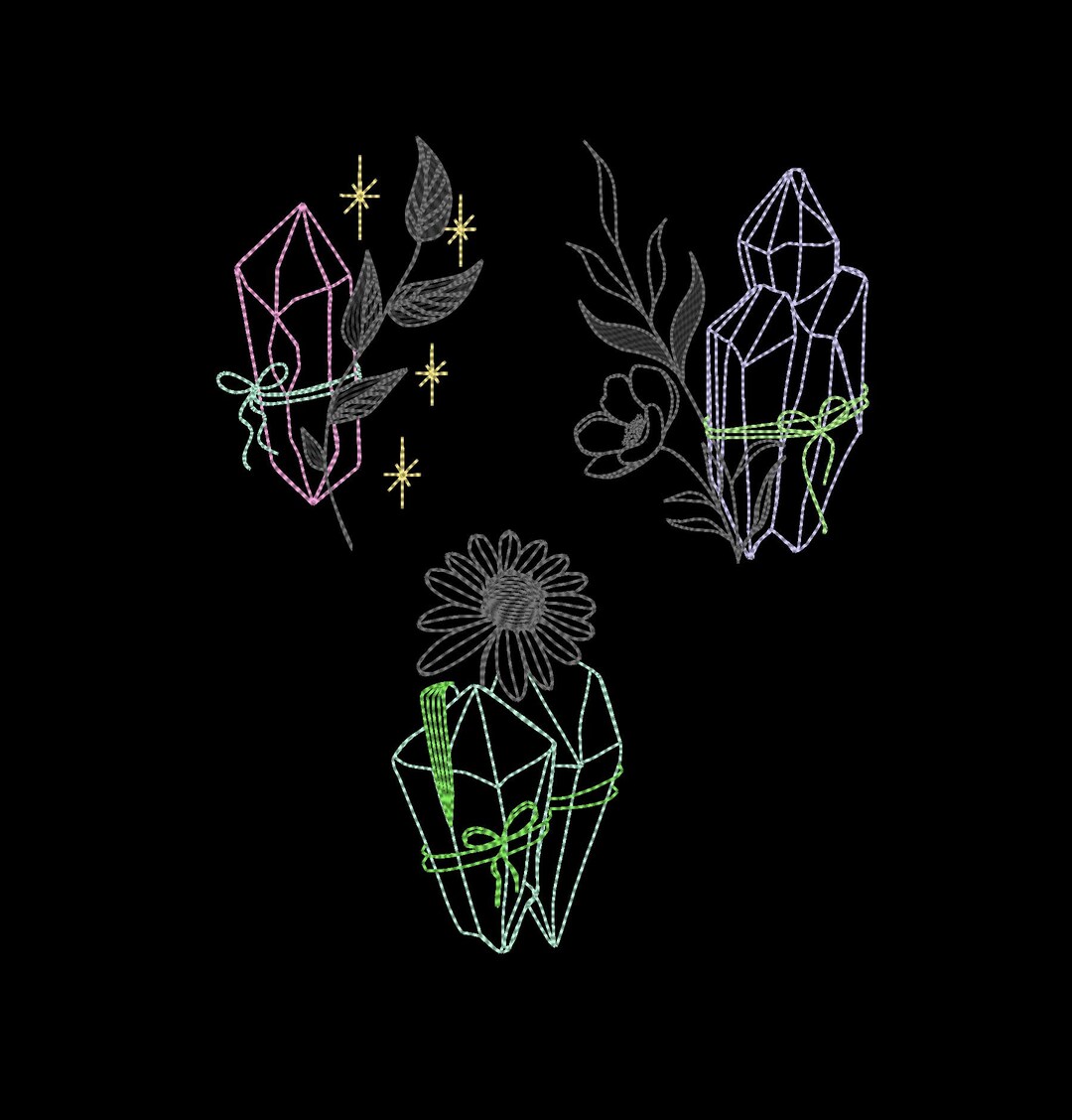 Magic Crystals Line Art Embroidery Design,flowers and Crystals Magic ...