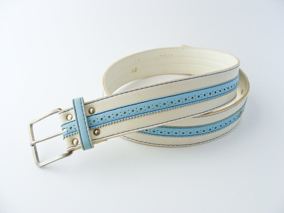 Vintage 1960s Faux Leather Belt, Mod off White Light Blue Belt, Silver ...