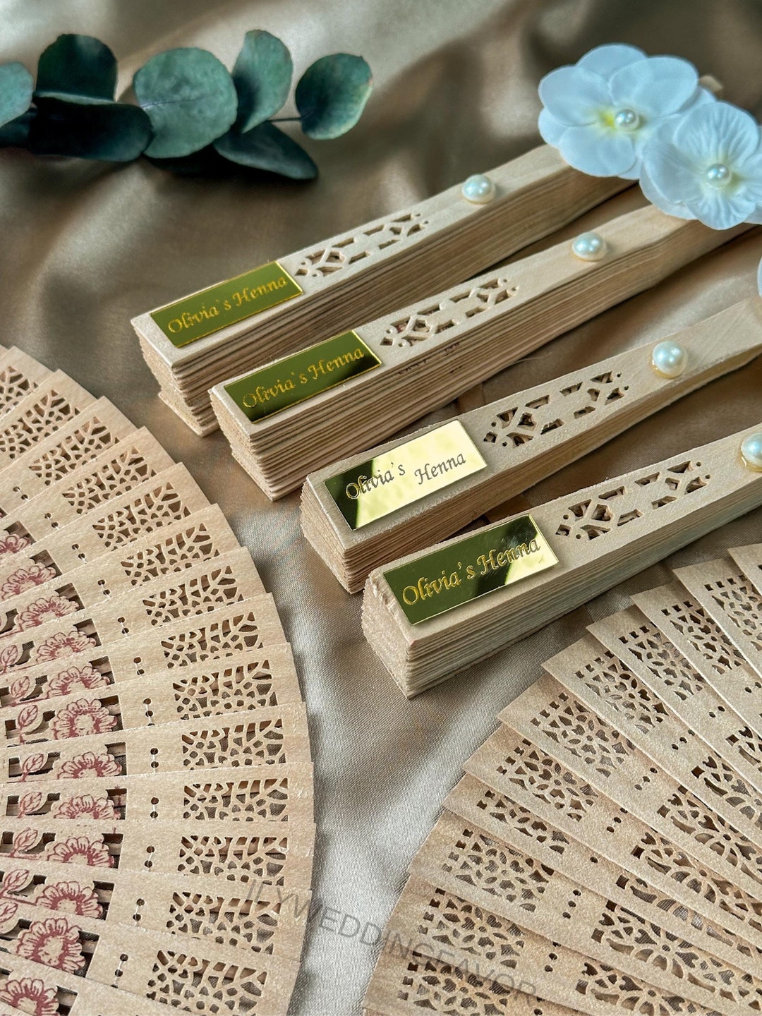 Summer Wedding Wooden Fan Favors, Luxury Personalized Favor, Pearl ...