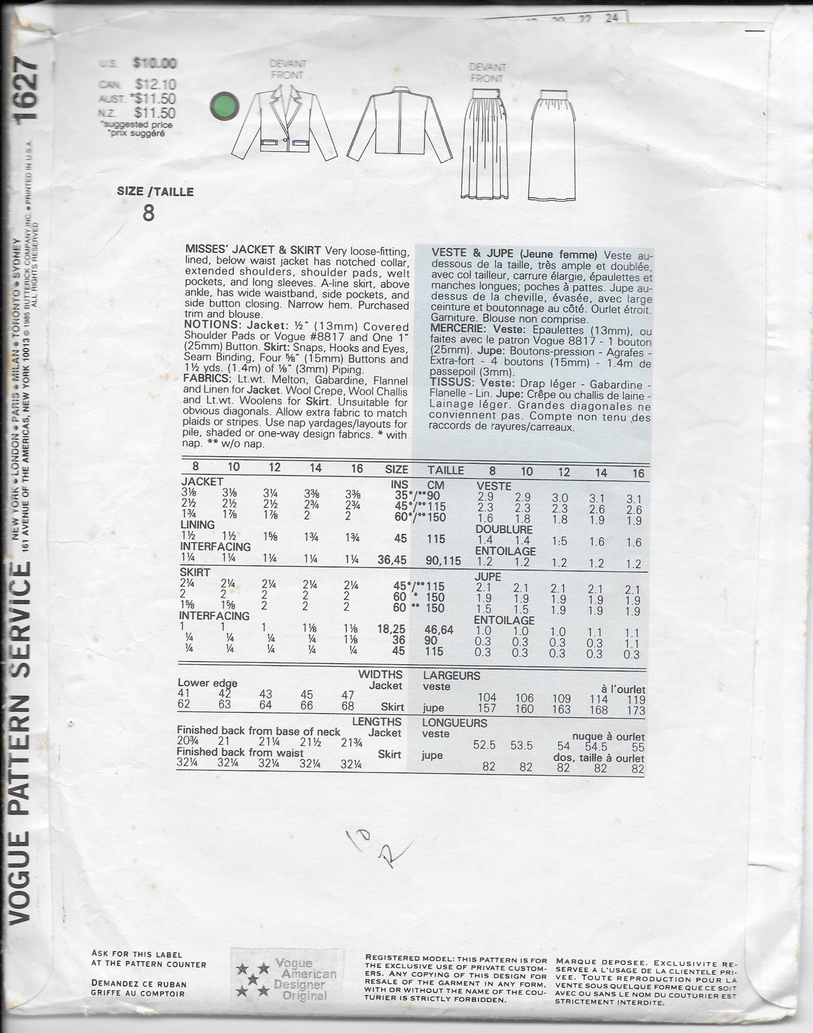 Vogue 1627 Misses' Jacket and Skirt Size 8 Calvin Klein Design Vintage ...