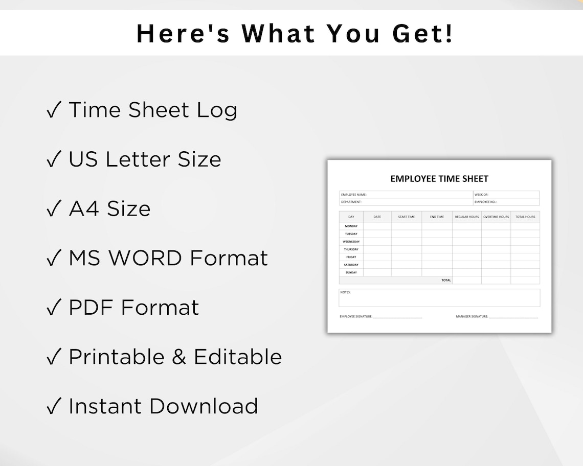 EDITABLE Employee Time Sheet. Hours Worked Log. Weekly Time Tracker ...
