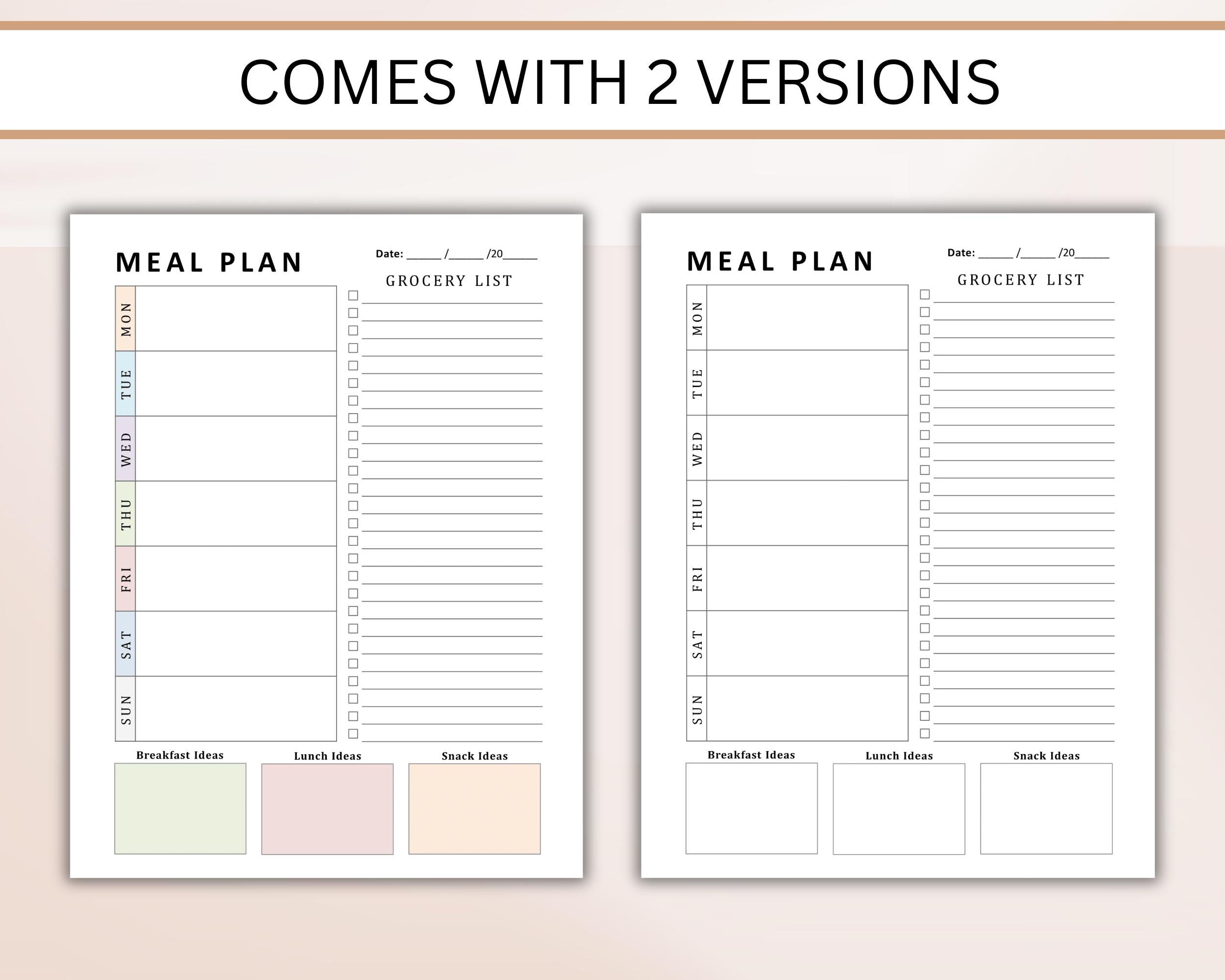 Meal Planner With Grocery List. 7 Day Menu Plan. Meal Tracker. Food ...