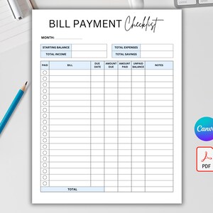 Bill Payment Checklist Tracker. Bill Pay Organizer. Bill Management ...