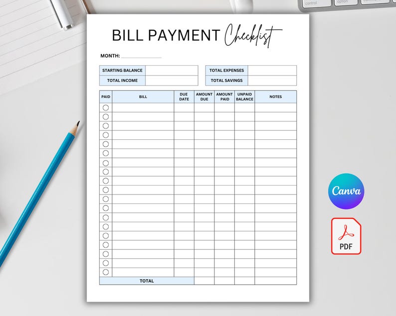 Bill Payment Checklist Tracker. Bill Pay Organizer. Bill Management ...
