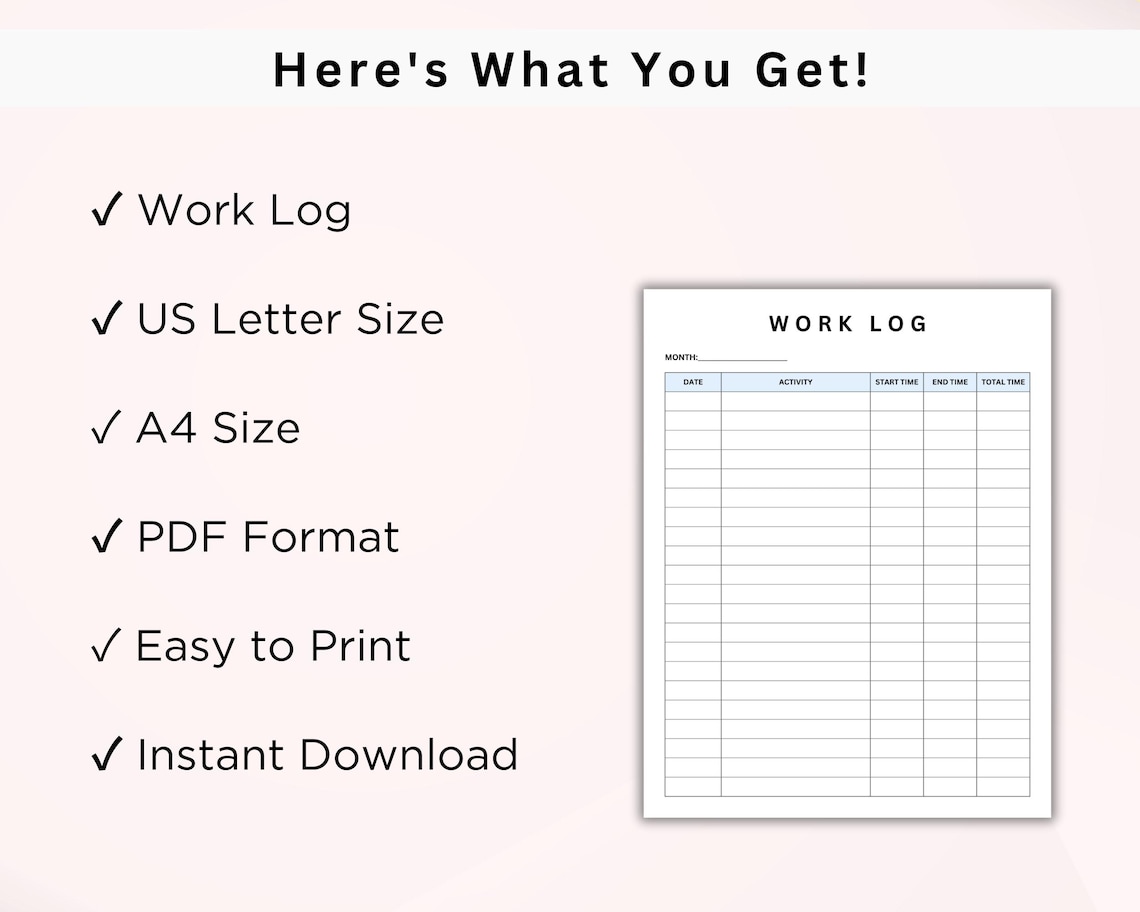 Work Time Log Printable Template. Time Sheet Log. Time Tracker. Daily ...