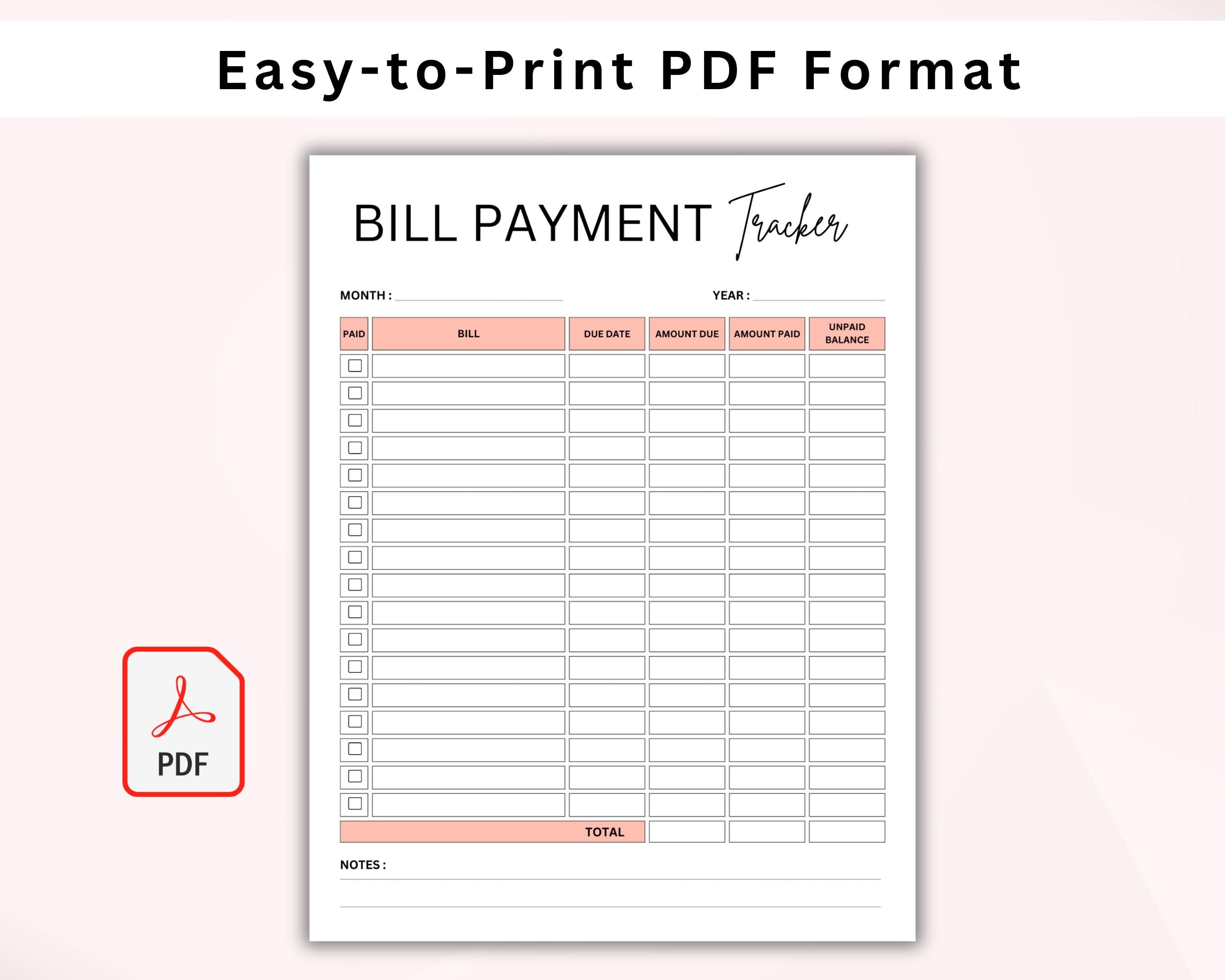 Bill Pay Organizer. Bill Payment Log. Monthly Bill Payment Checklist ...