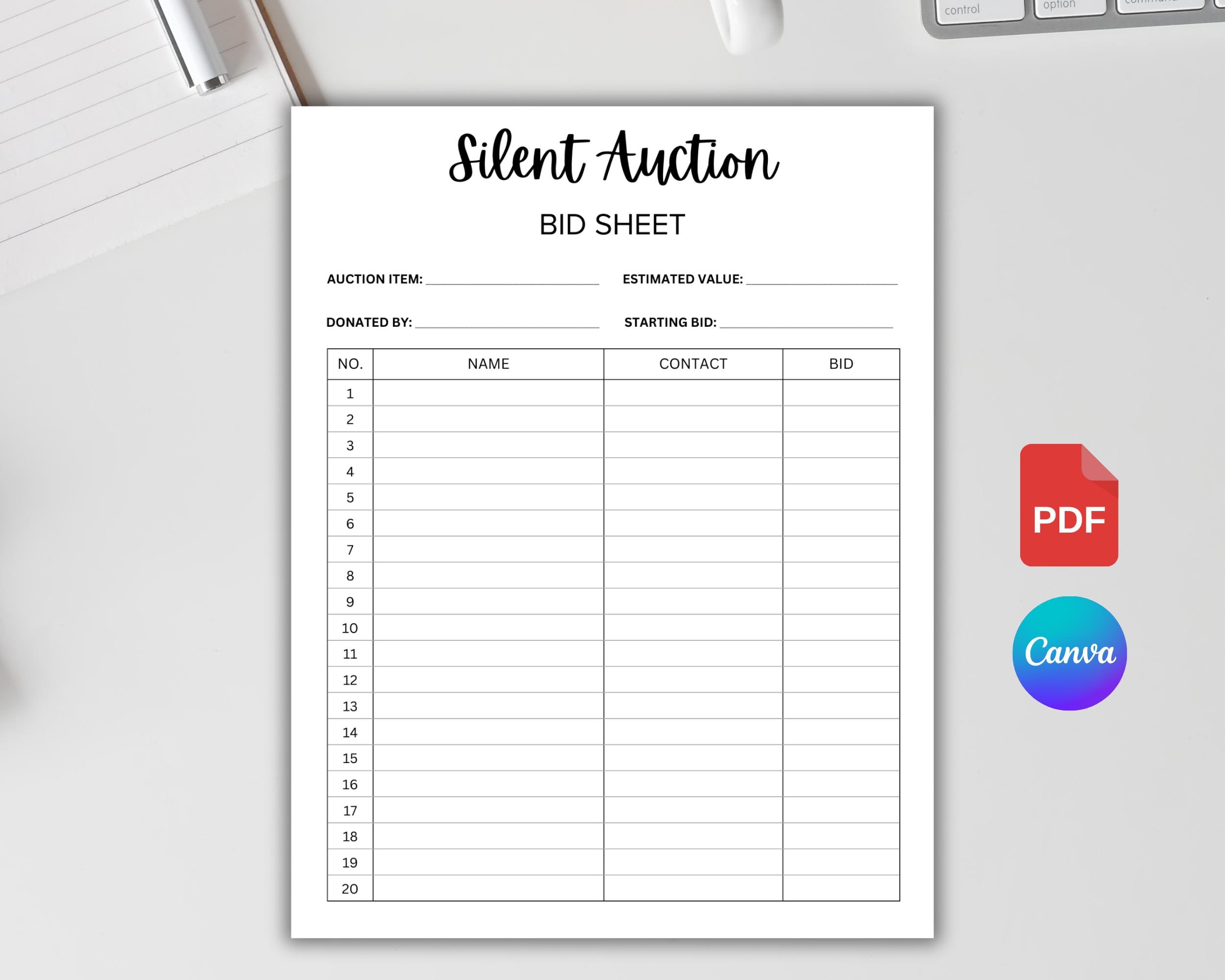 Printable Silent Auction Bid Sheet. Silent Auction Sign up Sheet ...