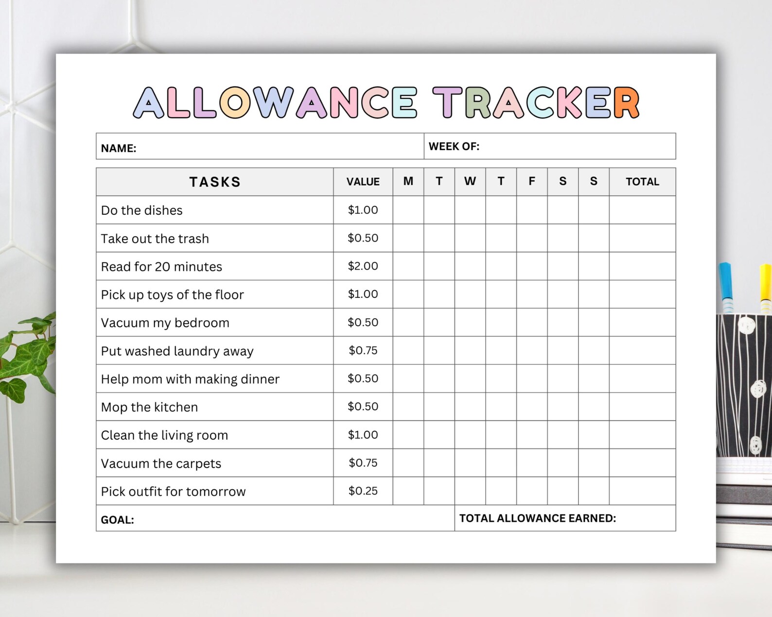 Editable Allowance Chart for Kids, Printable Chore Reward Chart, Earn ...
