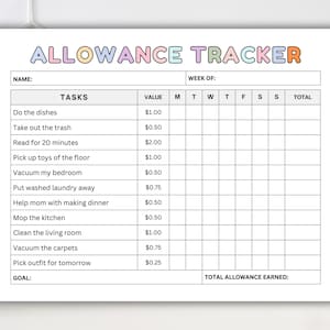 Editable Allowance Chart for Kids | Printable Chore Chart | Money ...